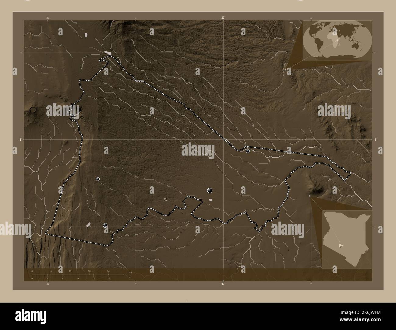 Kiambu, county of Kenya. Elevation map colored in sepia tones with ...