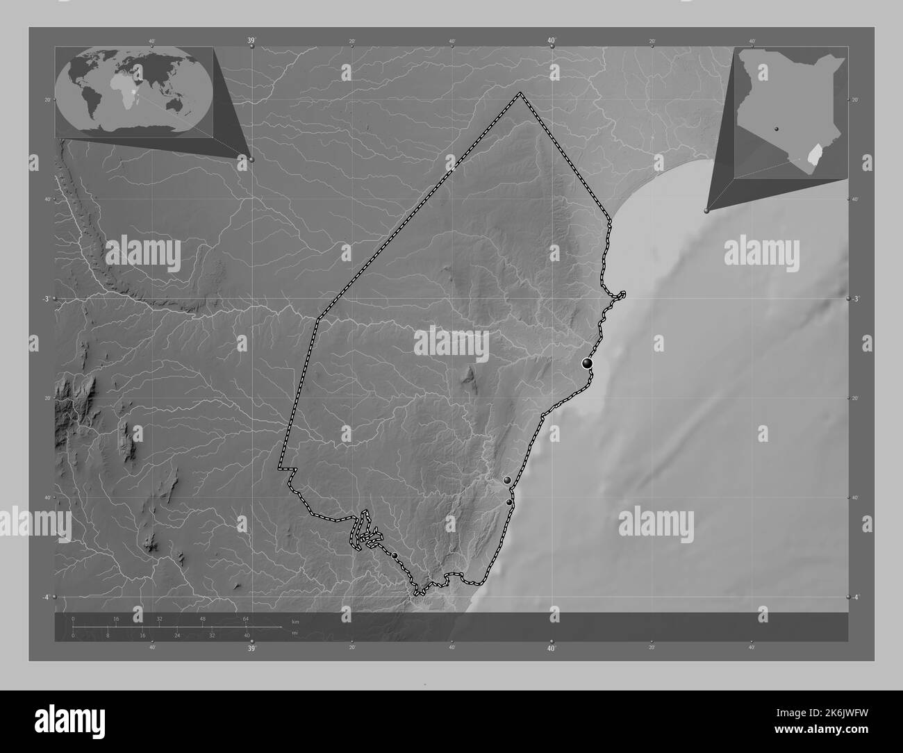 Kilifi, county of Kenya. Grayscale elevation map with lakes and rivers ...