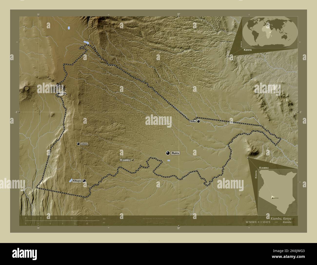 Kiambu, county of Kenya. Elevation map colored in wiki style with lakes ...