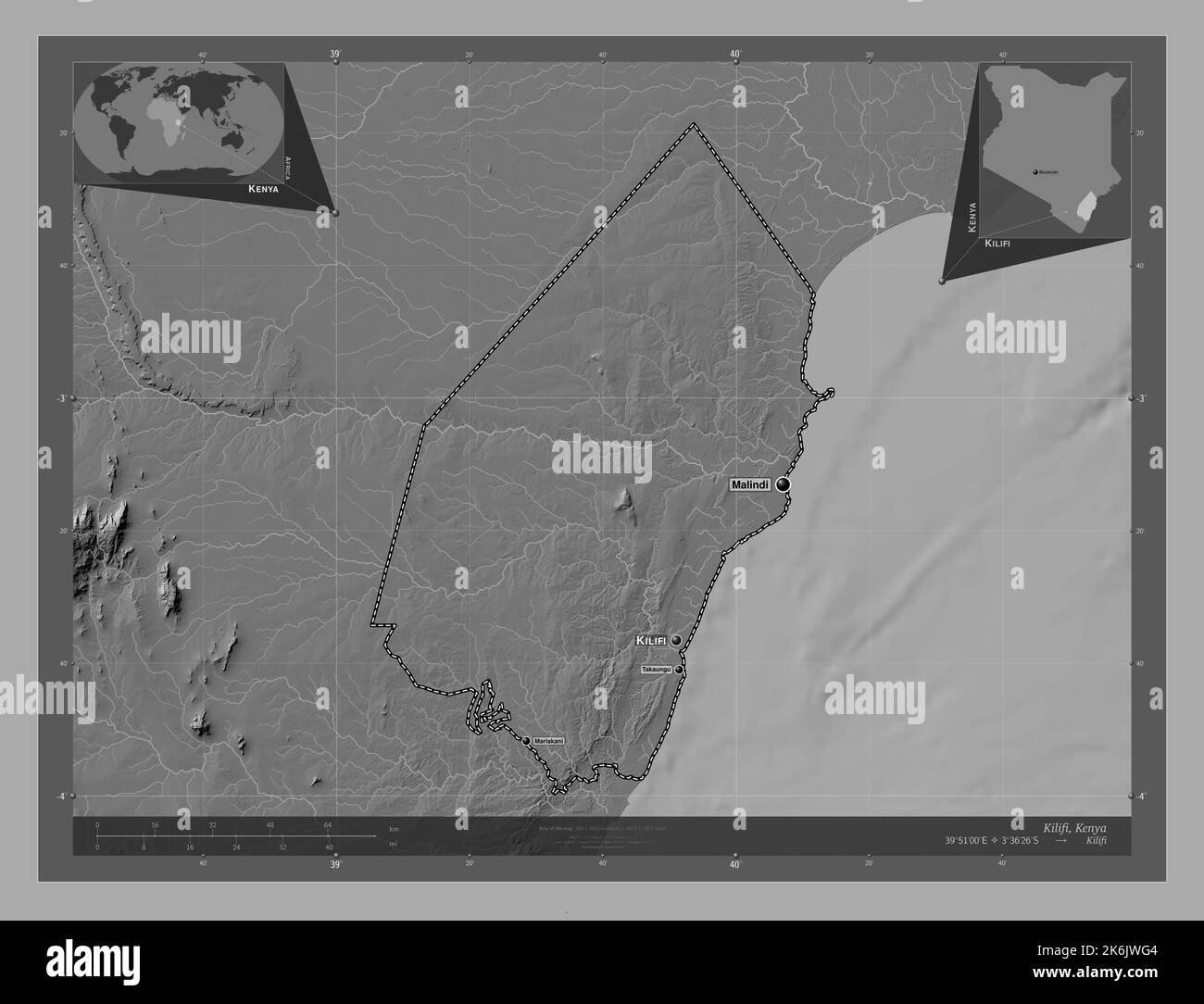 Kilifi, county of Kenya. Bilevel elevation map with lakes and rivers ...