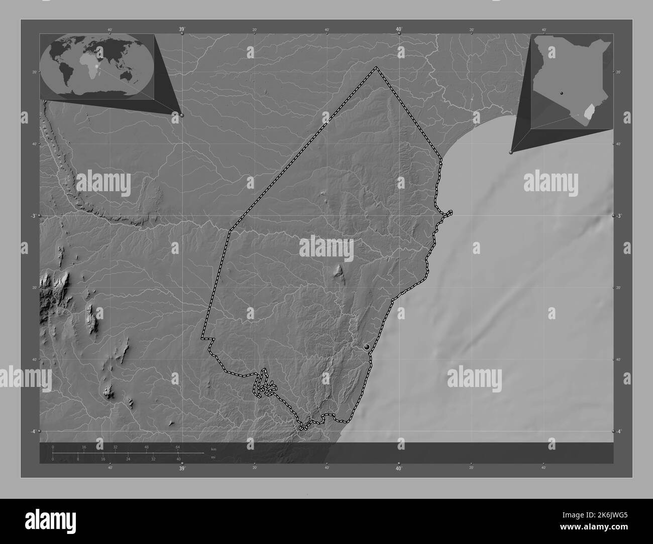 Kilifi, county of Kenya. Bilevel elevation map with lakes and rivers ...