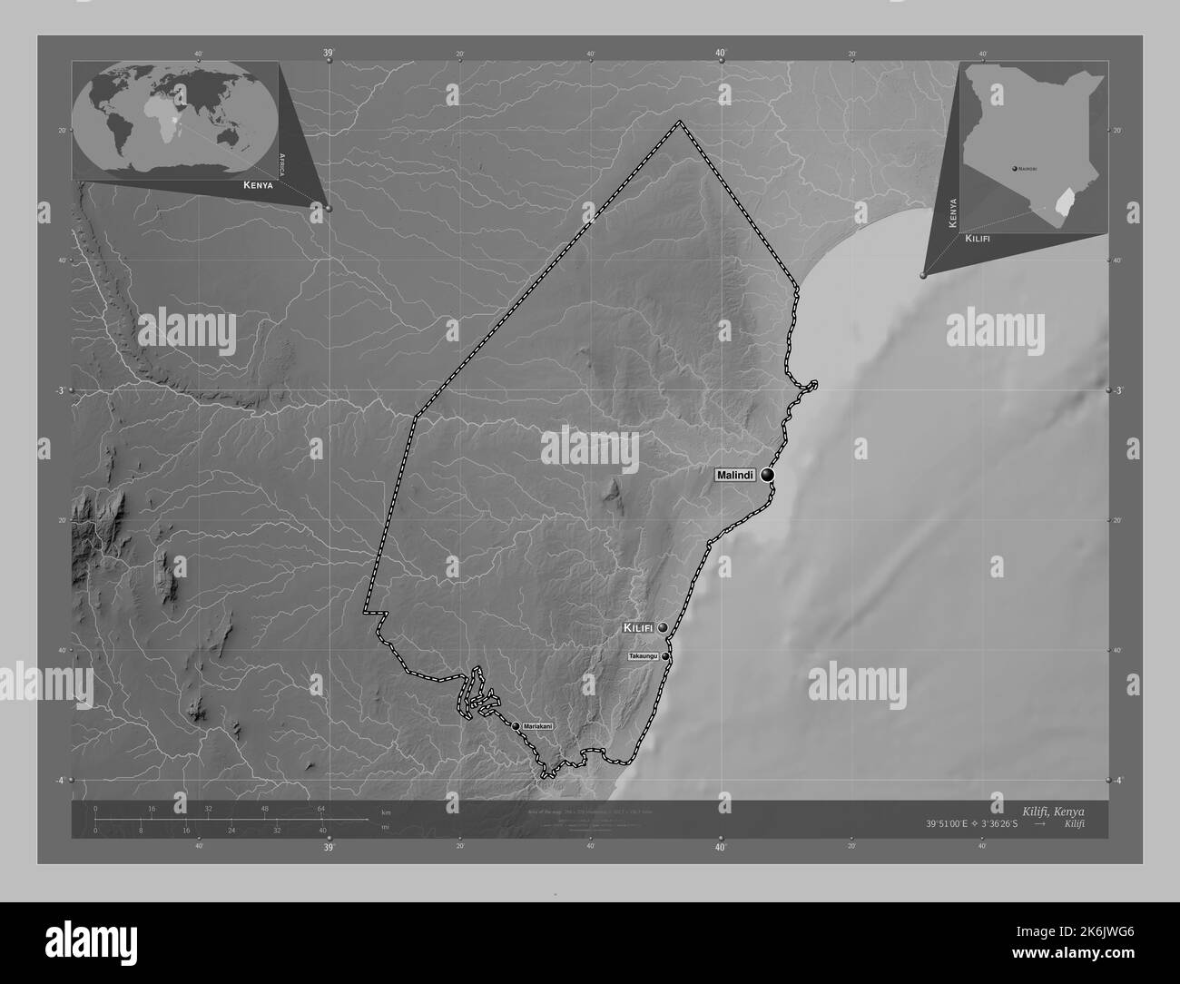 Kilifi, county of Kenya. Grayscale elevation map with lakes and rivers ...