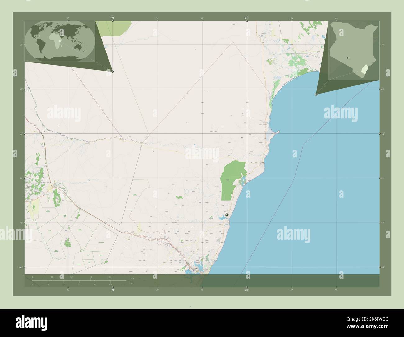 Kilifi, county of Kenya. Open Street Map. Corner auxiliary location ...