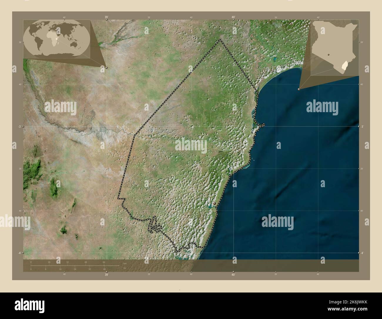 Kilifi, county of Kenya. High resolution satellite map. Corner ...