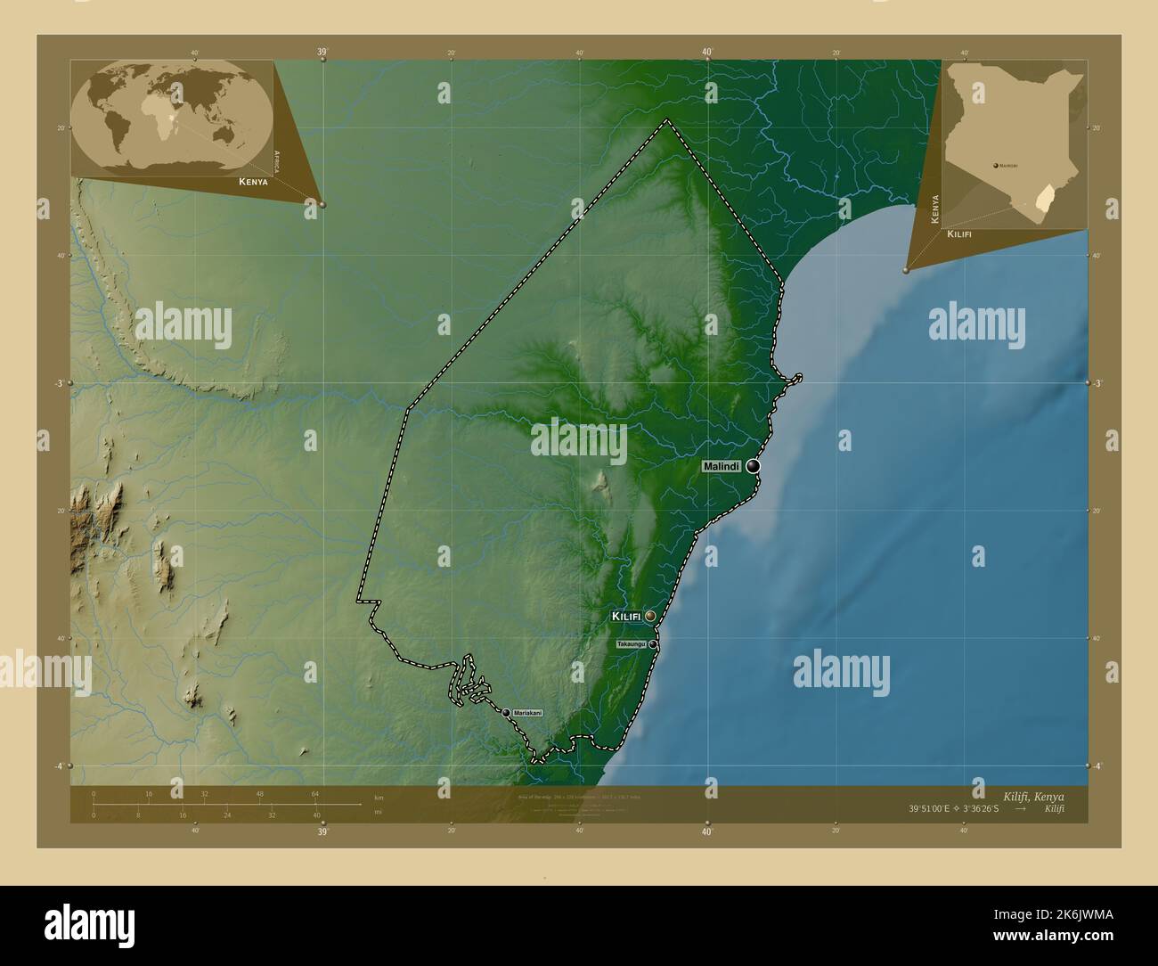 Kilifi, county of Kenya. Colored elevation map with lakes and rivers ...