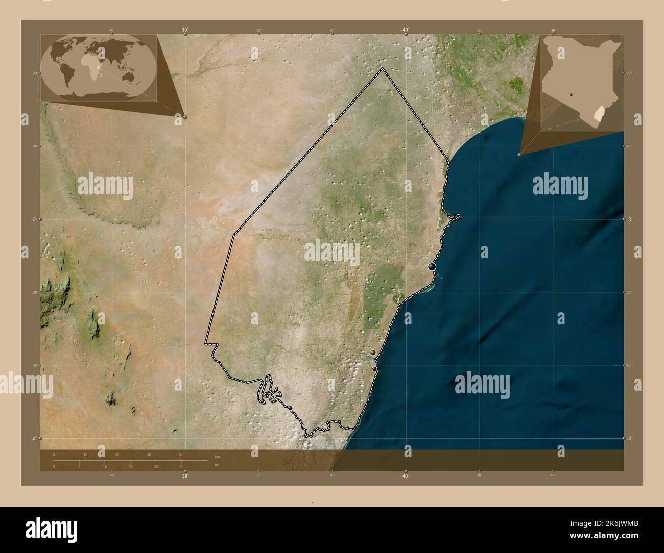 Kilifi, county of Kenya. Low resolution satellite map. Locations of ...