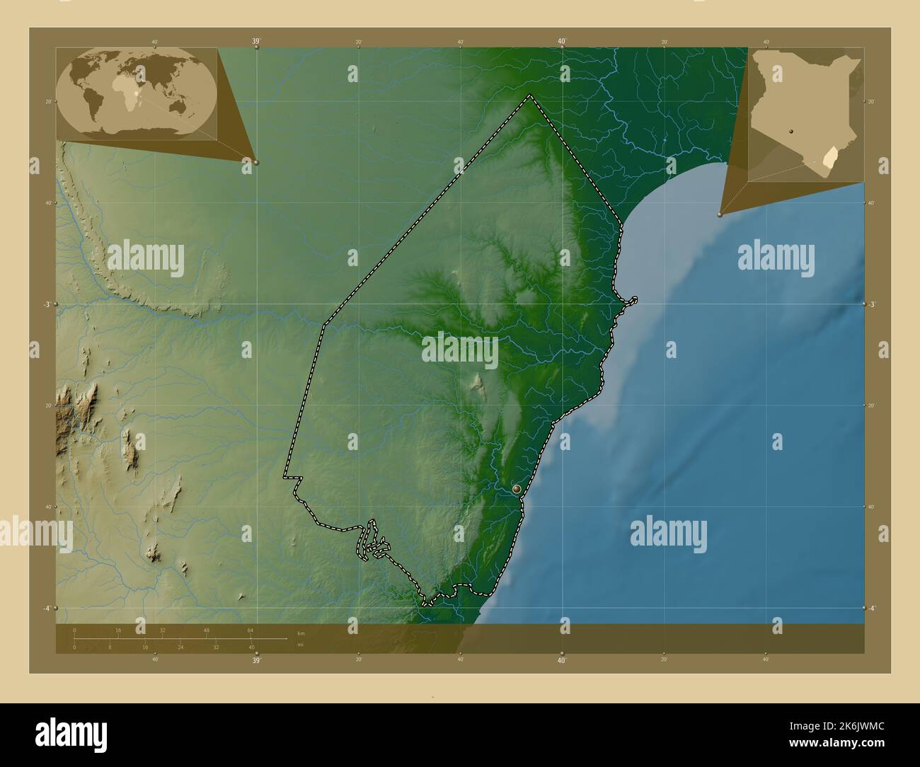 Kilifi, county of Kenya. Colored elevation map with lakes and rivers ...