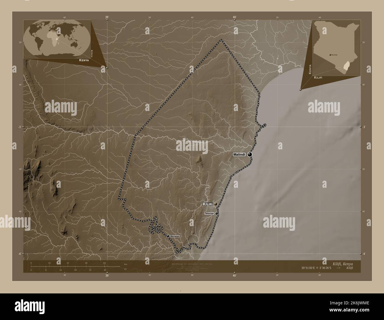 Kilifi, county of Kenya. Elevation map colored in sepia tones with ...