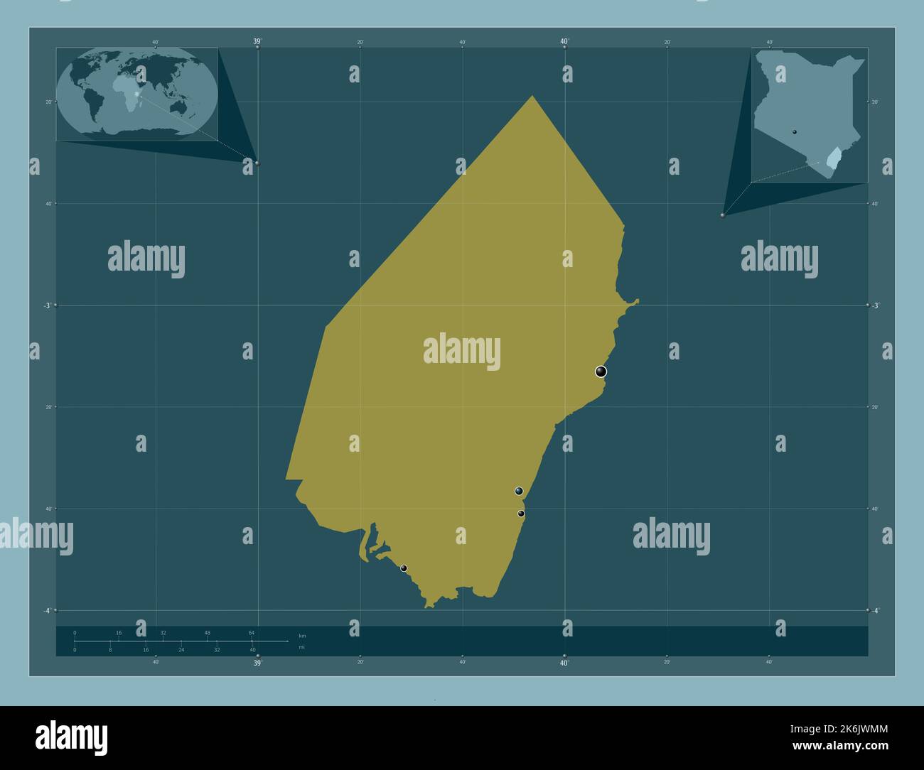 Kilifi, county of Kenya. Solid color shape. Locations of major cities ...
