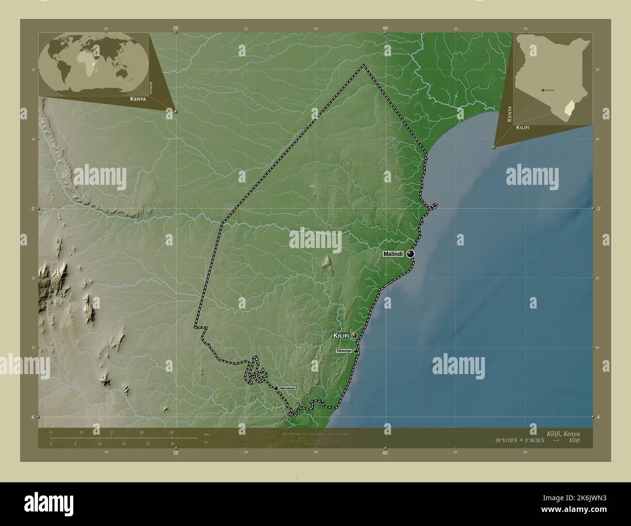 Kilifi, county of Kenya. Elevation map colored in wiki style with lakes ...