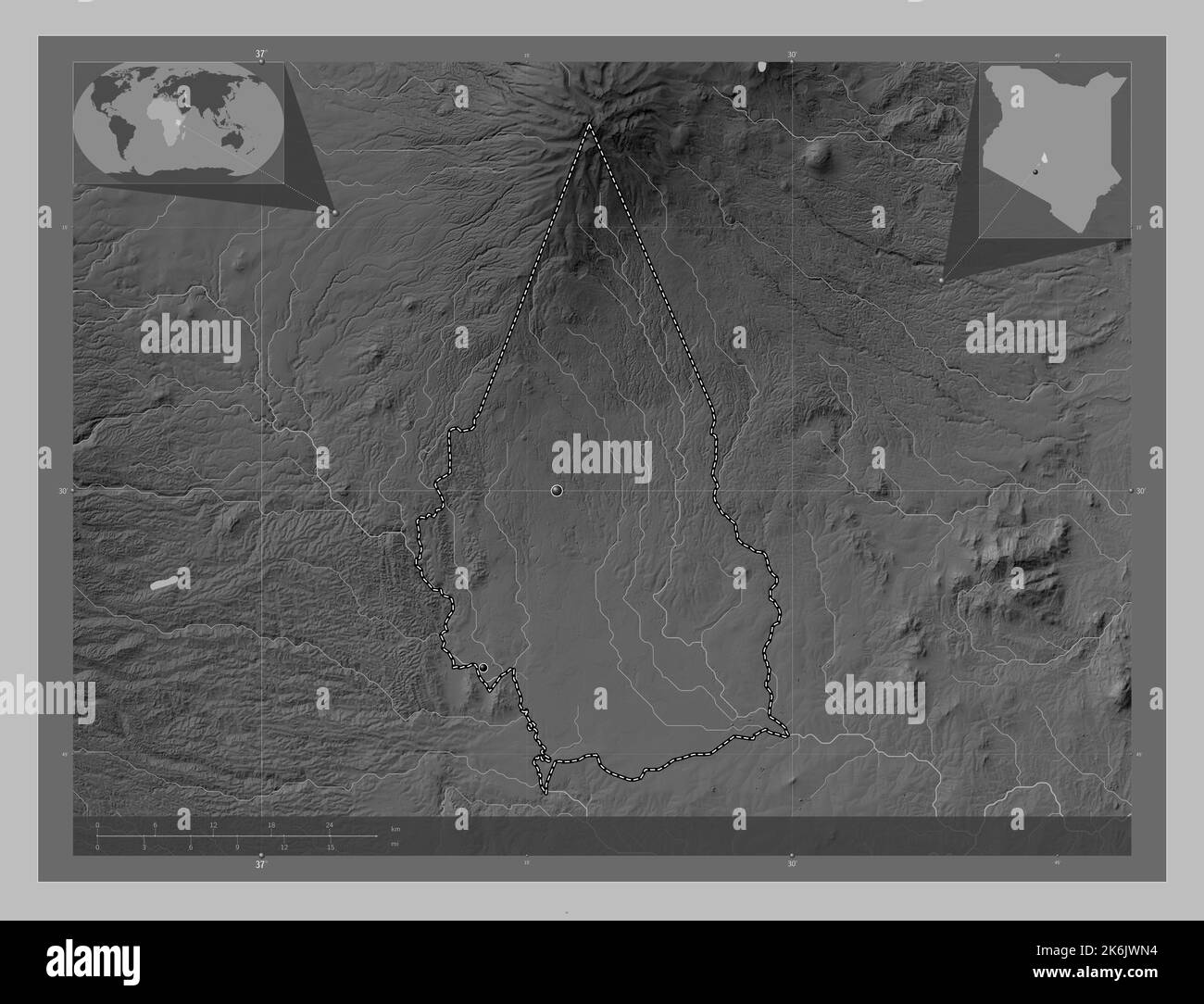Kirinyaga, county of Kenya. Grayscale elevation map with lakes and ...