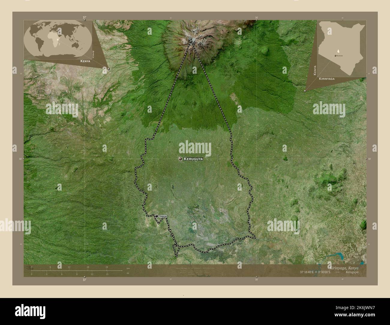Kirinyaga, county of Kenya. High resolution satellite map. Locations ...