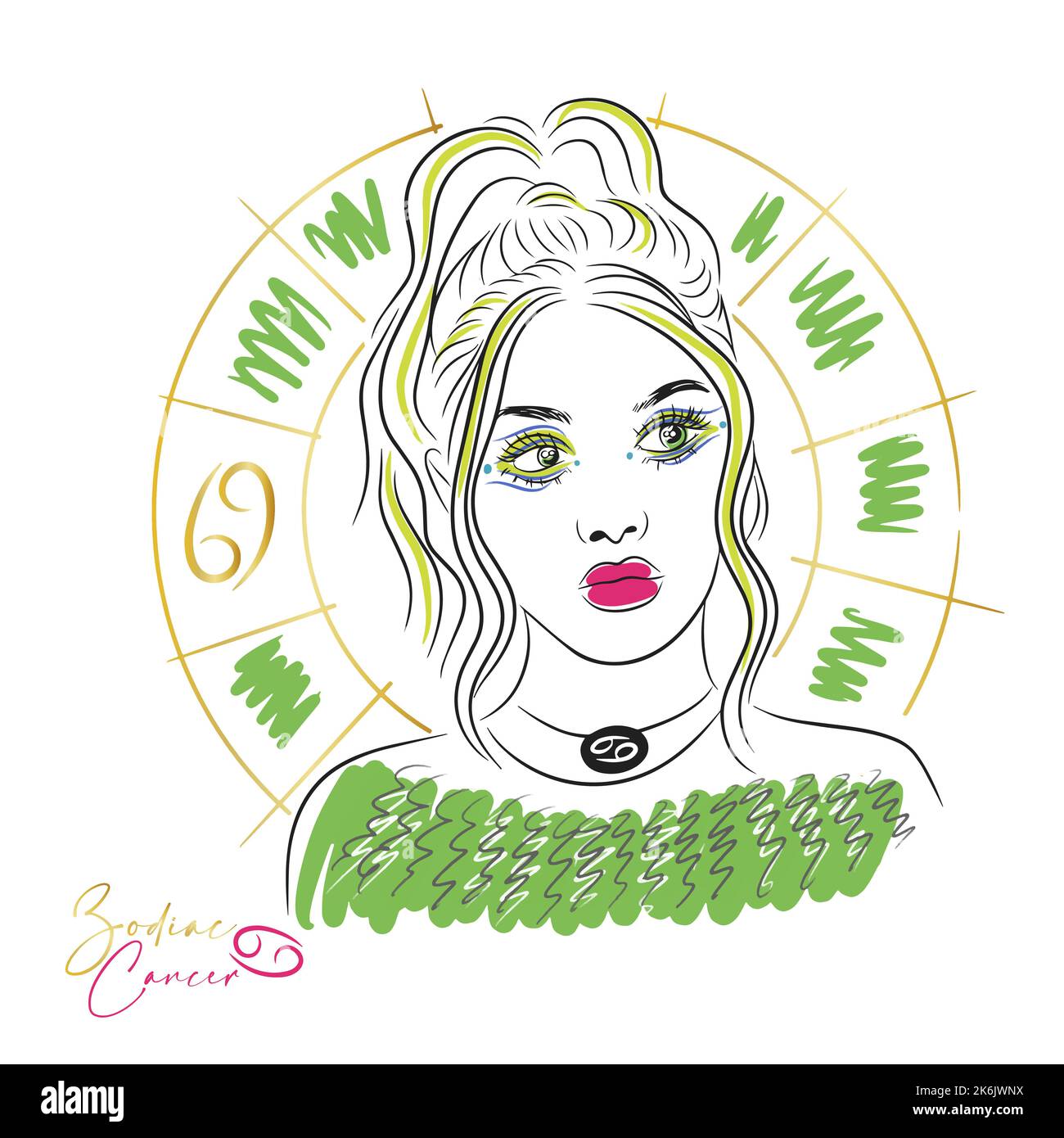Beautiful girl with makeup, zodiac sign, Cancer, fashion doodles Stock ...