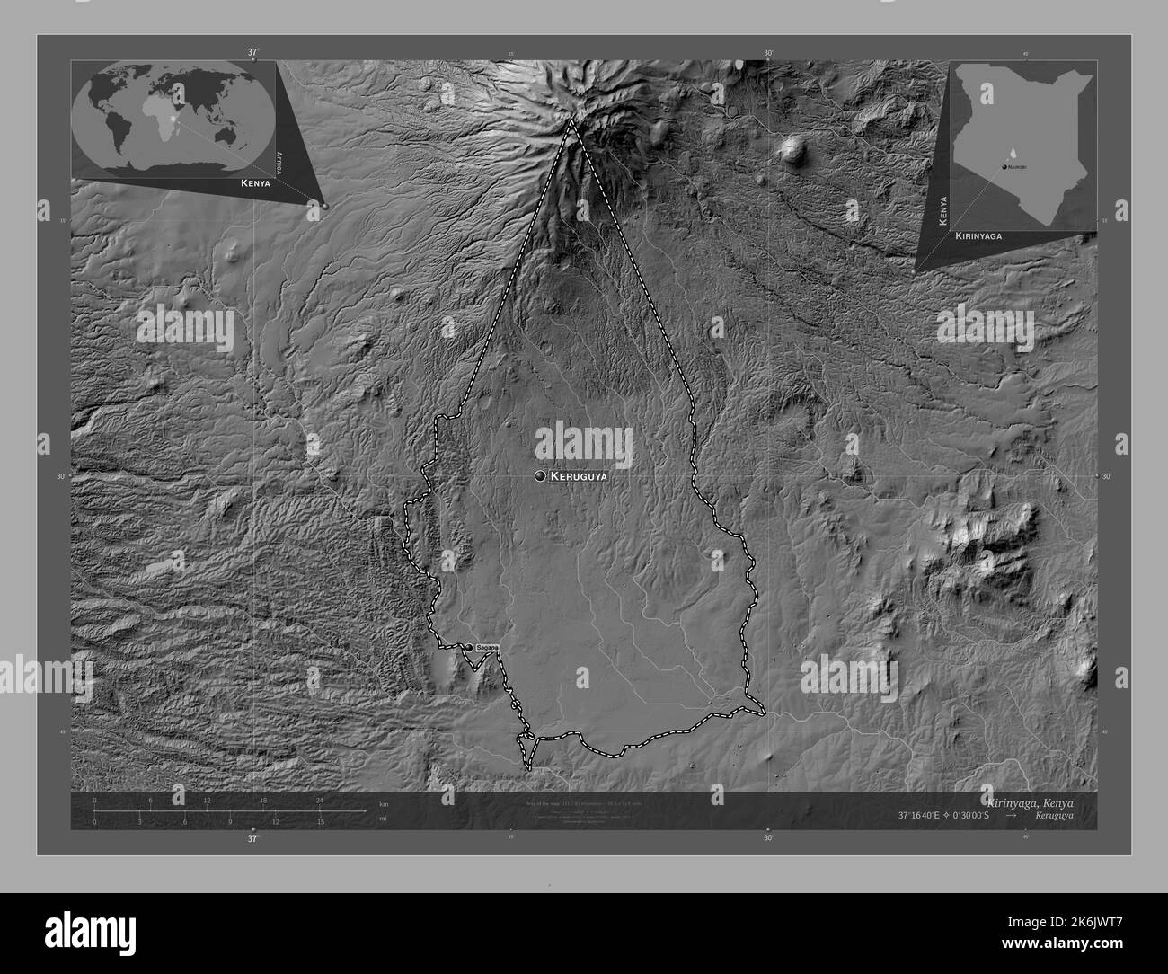 Kirinyaga, county of Kenya. Bilevel elevation map with lakes and rivers ...