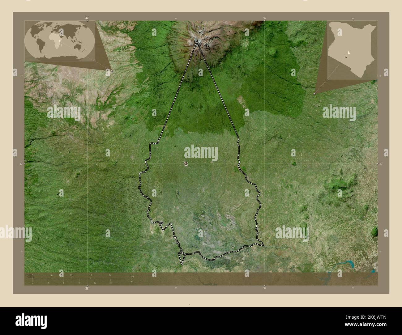 Kirinyaga, county of Kenya. High resolution satellite map. Locations of ...
