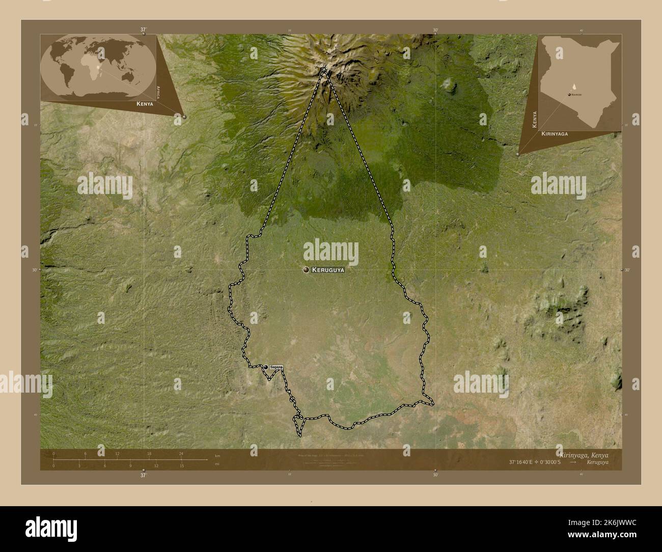 Kirinyaga, county of Kenya. Low resolution satellite map. Locations and ...