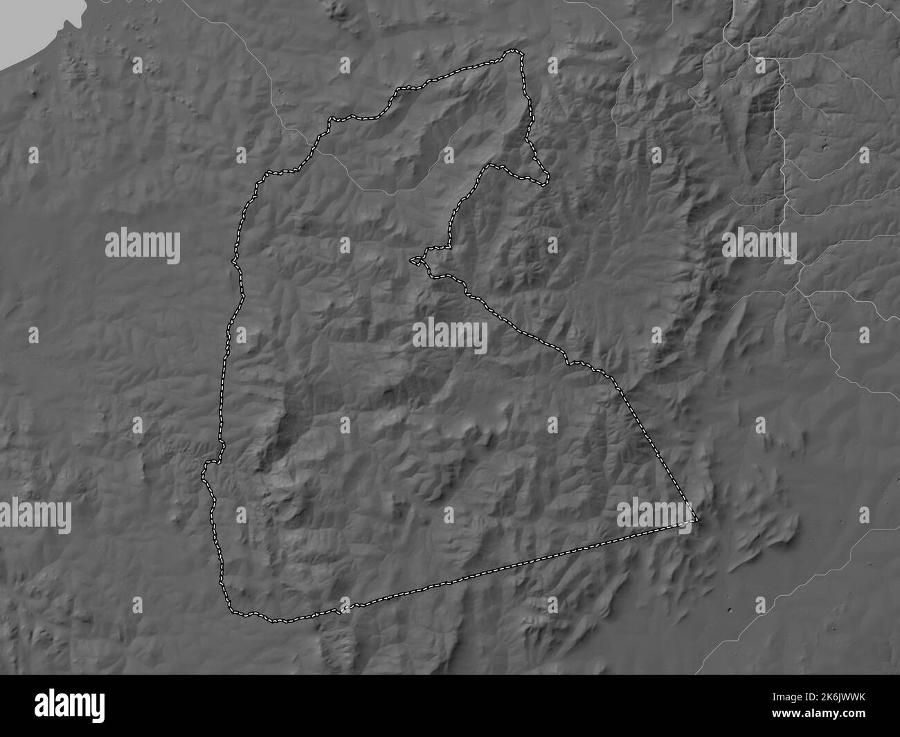 Kisii, county of Kenya. Grayscale elevation map with lakes and rivers ...