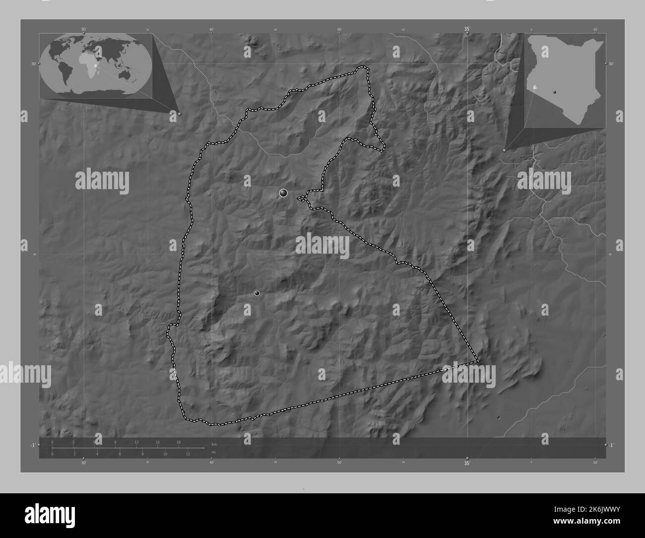 Kisii, county of Kenya. Grayscale elevation map with lakes and rivers ...