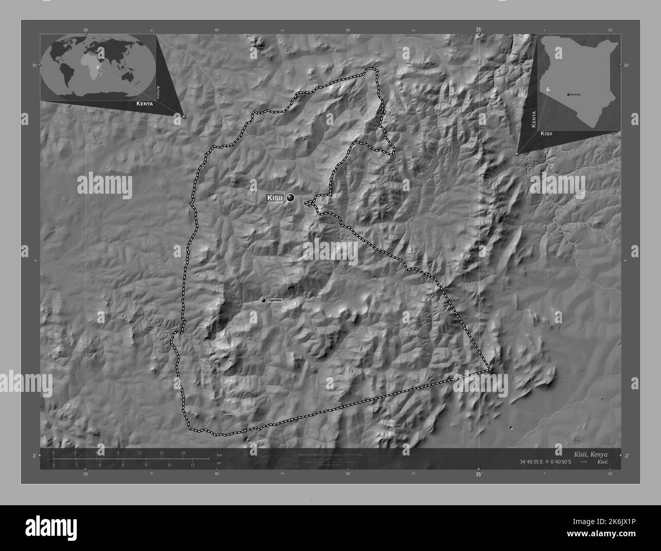 Kisii, county of Kenya. Bilevel elevation map with lakes and rivers ...