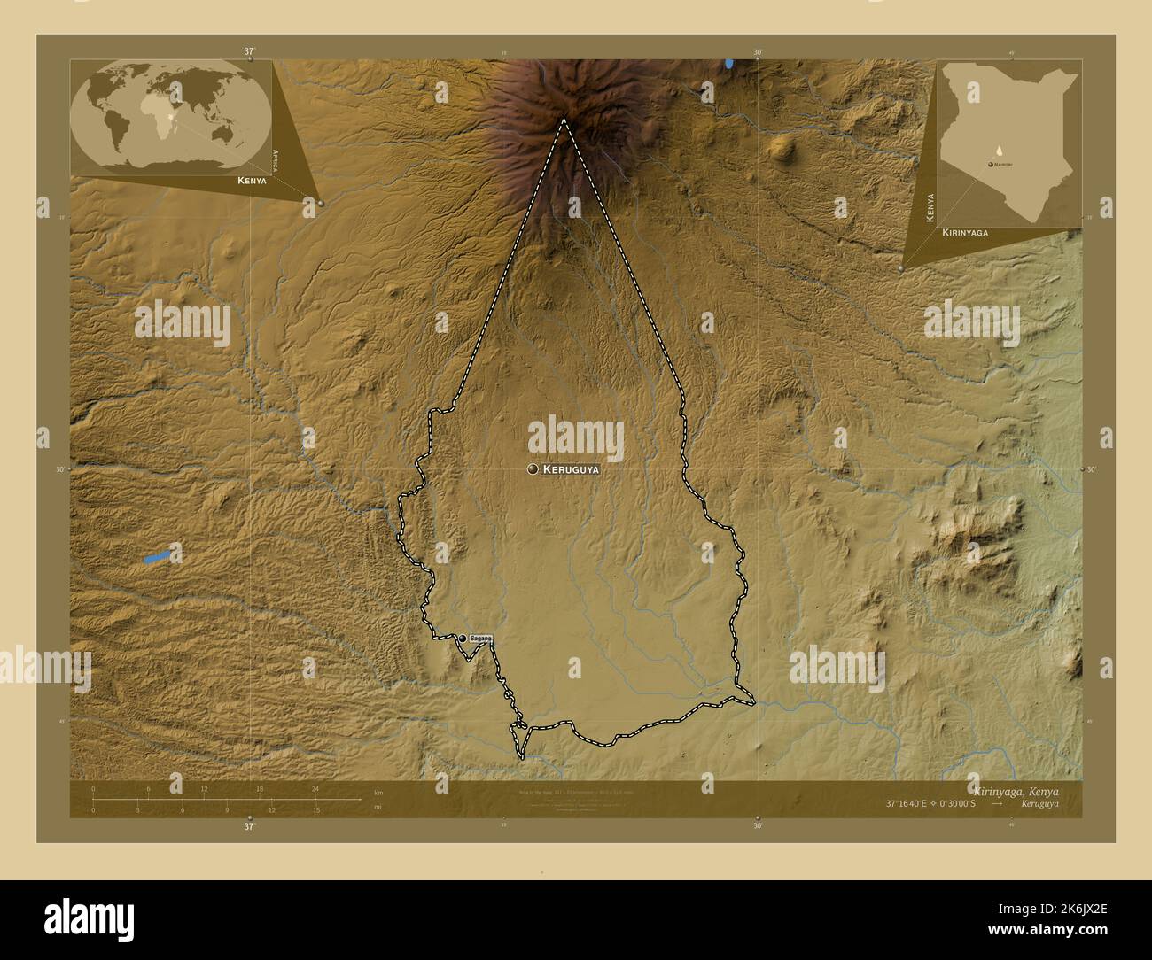 Kirinyaga, county of Kenya. Colored elevation map with lakes and rivers ...