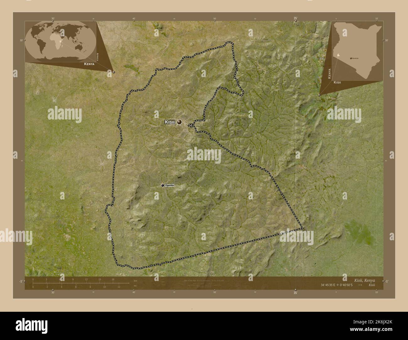 Kisii, county of Kenya. Low resolution satellite map. Locations and ...