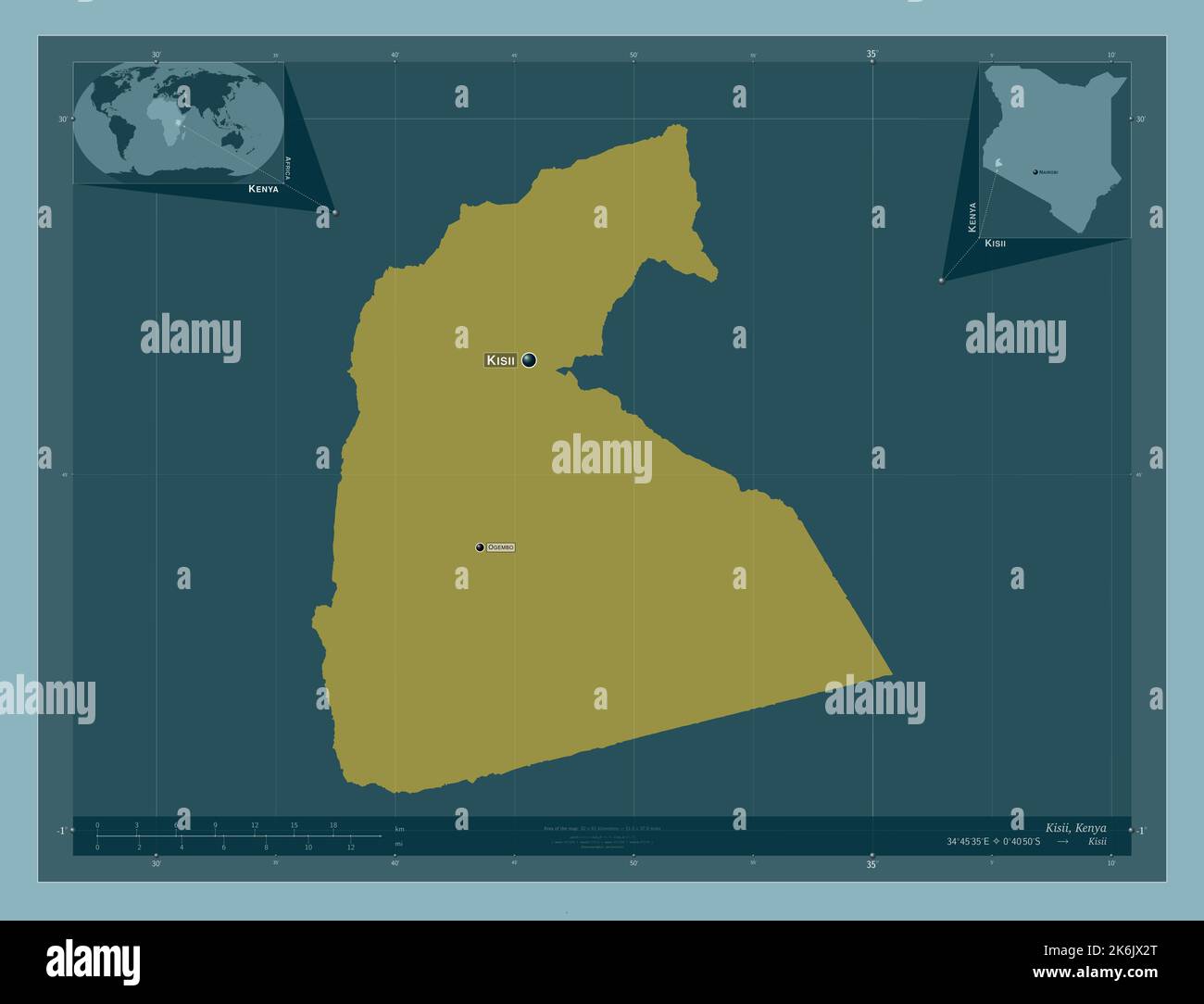 Kisii, county of Kenya. Solid color shape. Locations and names of major ...