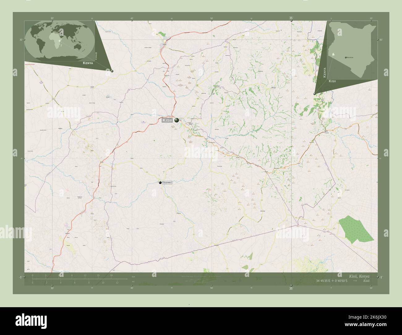 Kisii, county of Kenya. Open Street Map. Locations and names of major ...