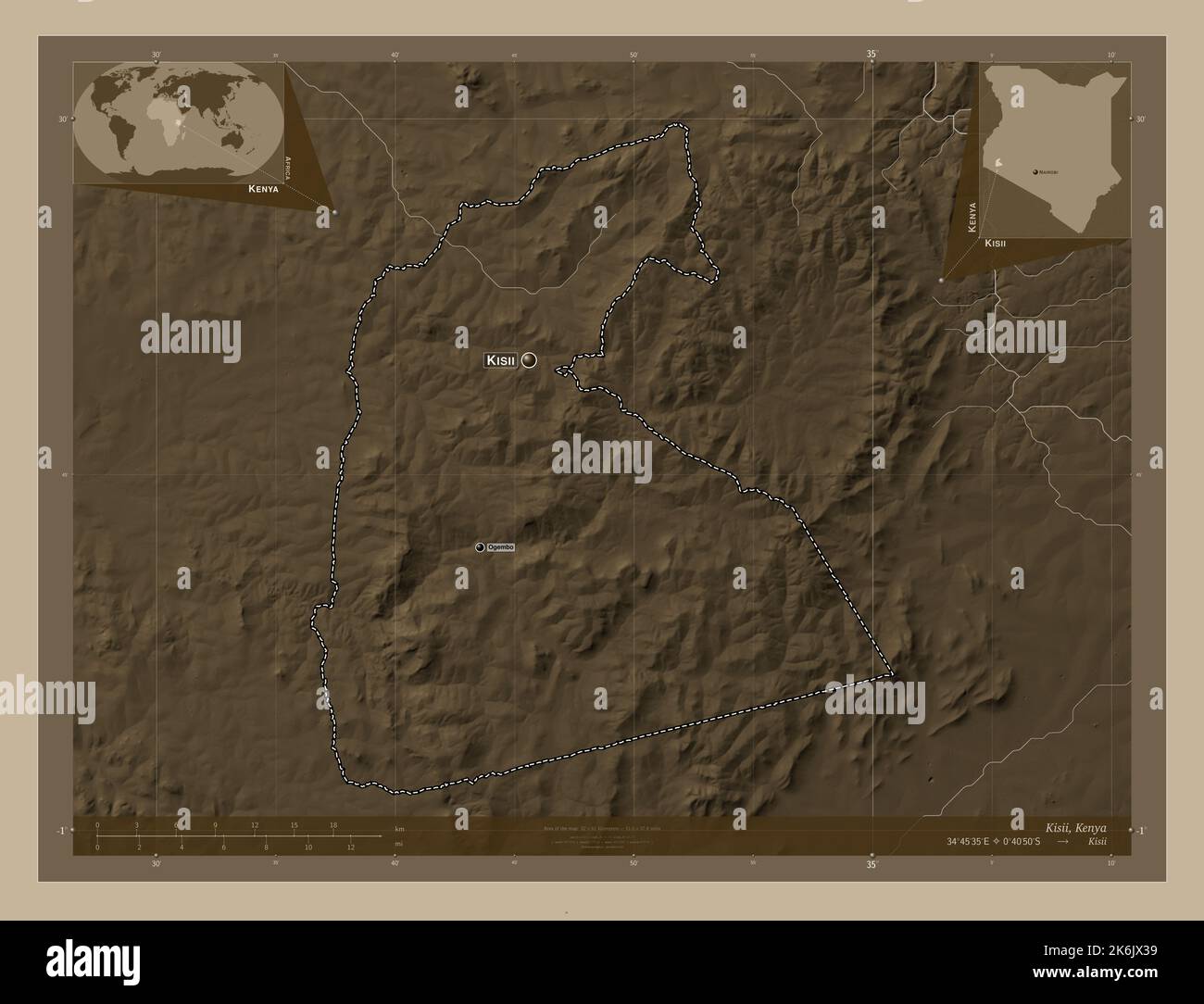 Kisii, county of Kenya. Elevation map colored in sepia tones with lakes ...