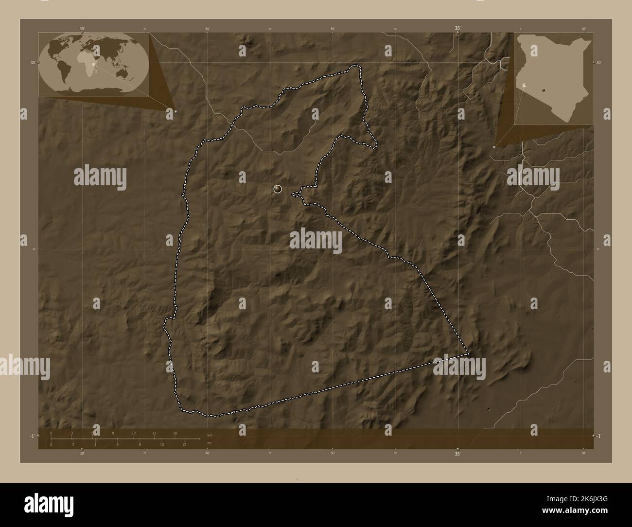 Kisii, county of Kenya. Elevation map colored in sepia tones with lakes ...