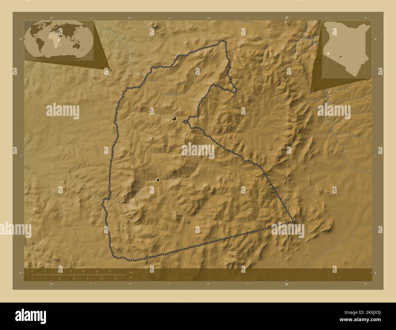 Kisii, county of Kenya. Colored elevation map with lakes and rivers ...