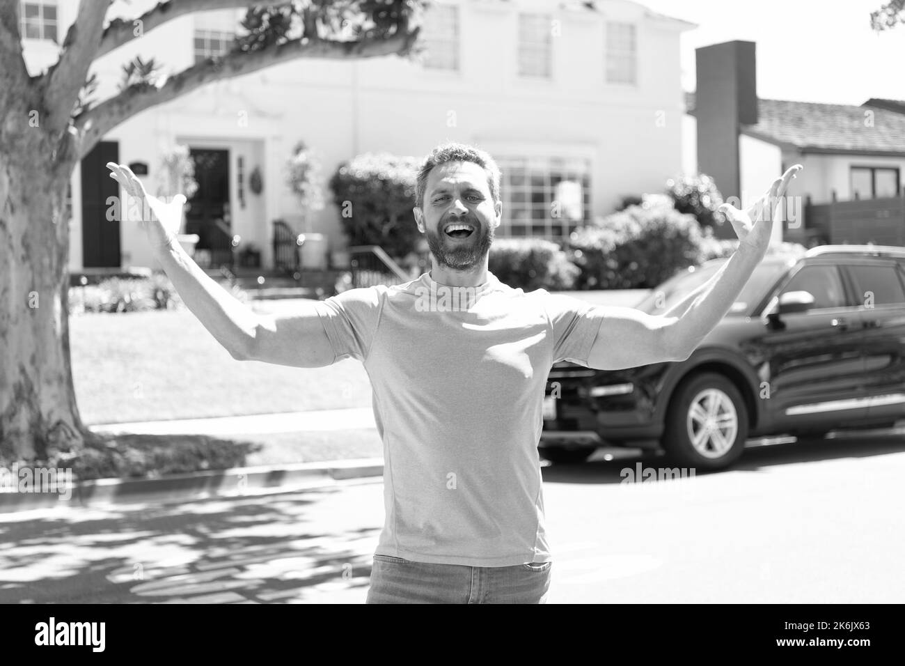 mature guy express happiness. buy new house and car. positive feelings ...