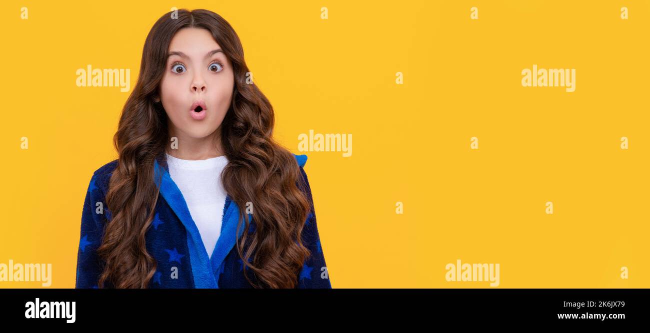Wow. Girl looking with surprise. Surprised child in homewear. Its ...