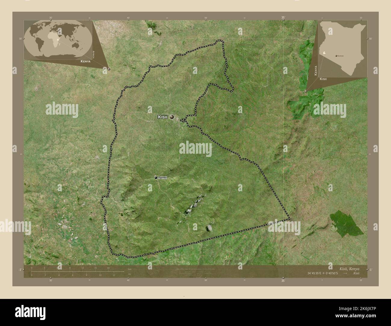 Kisii, county of Kenya. High resolution satellite map. Locations and ...