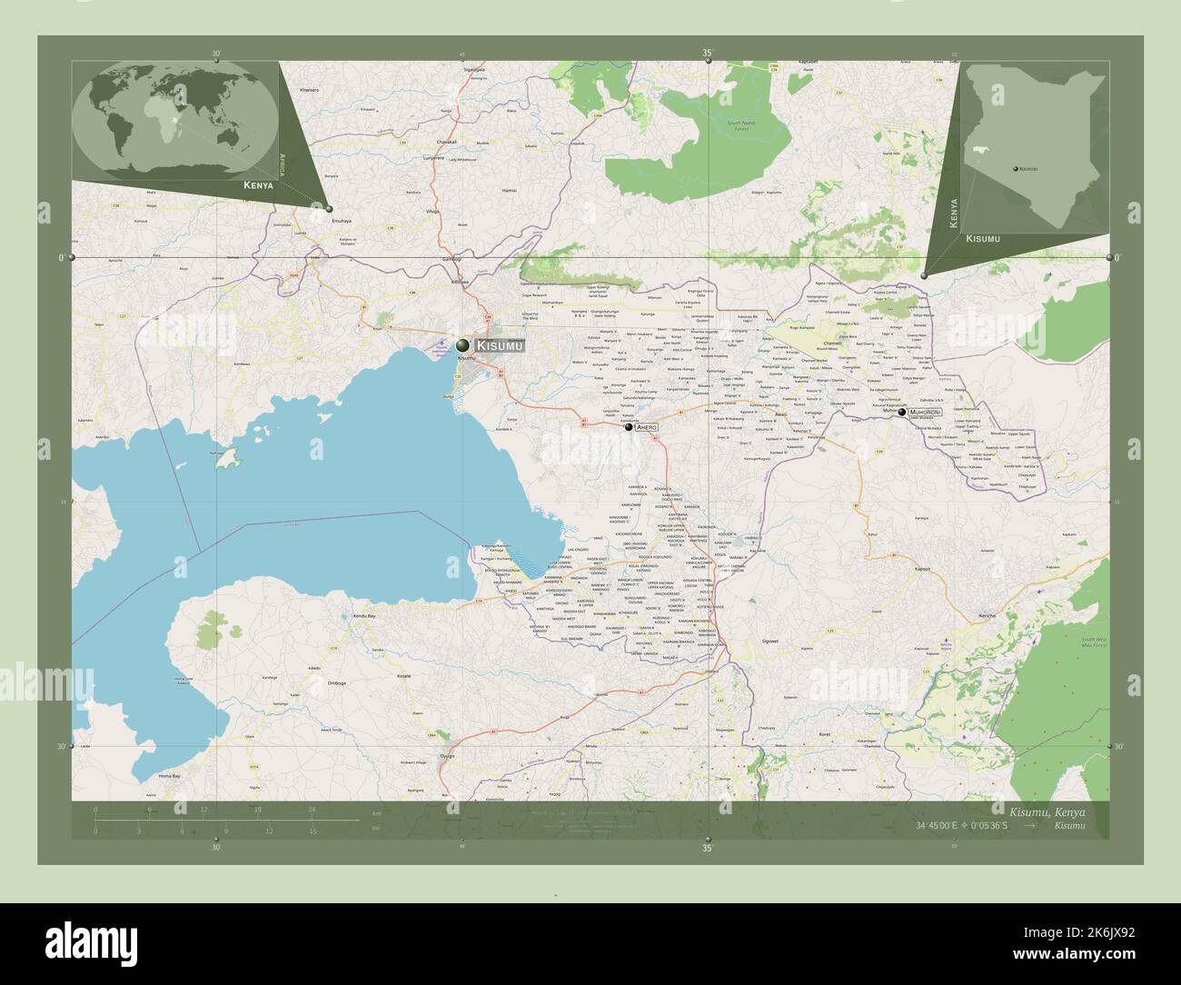 Kisumu, county of Kenya. Open Street Map. Locations and names of major ...