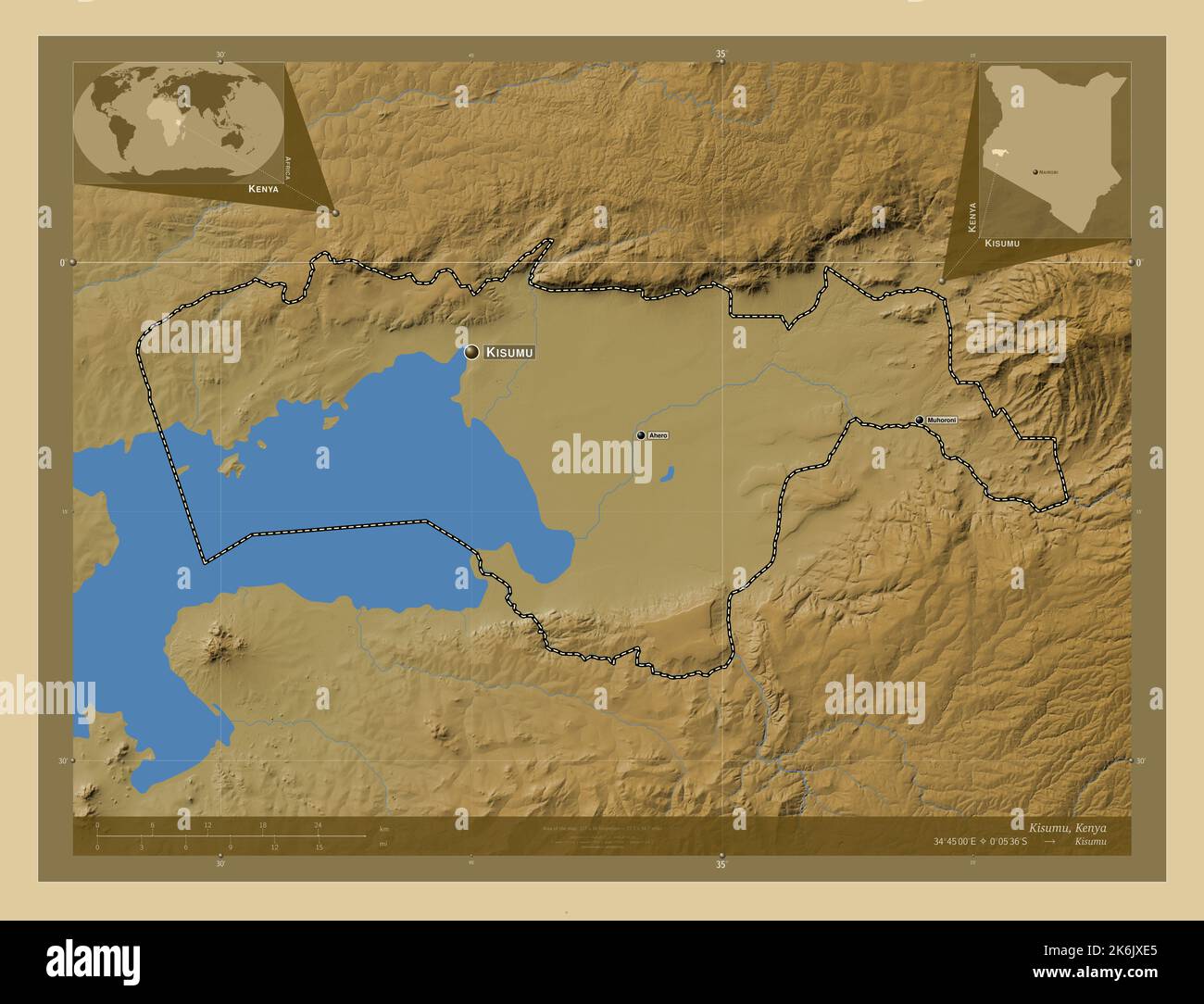 Kisumu, county of Kenya. Colored elevation map with lakes and rivers ...