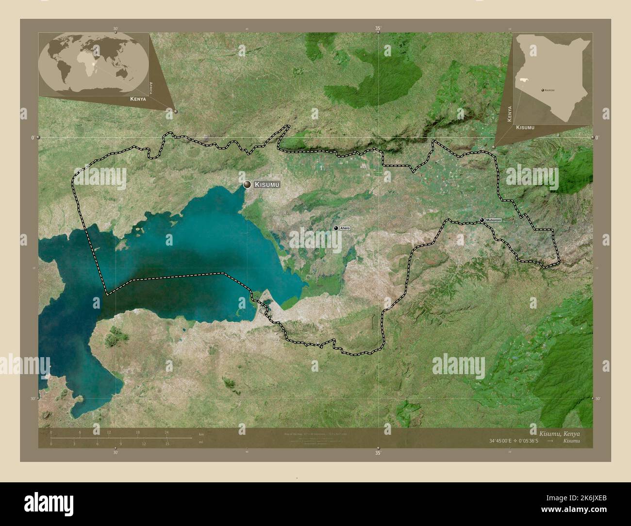 Kisumu, county of Kenya. High resolution satellite map. Locations and ...