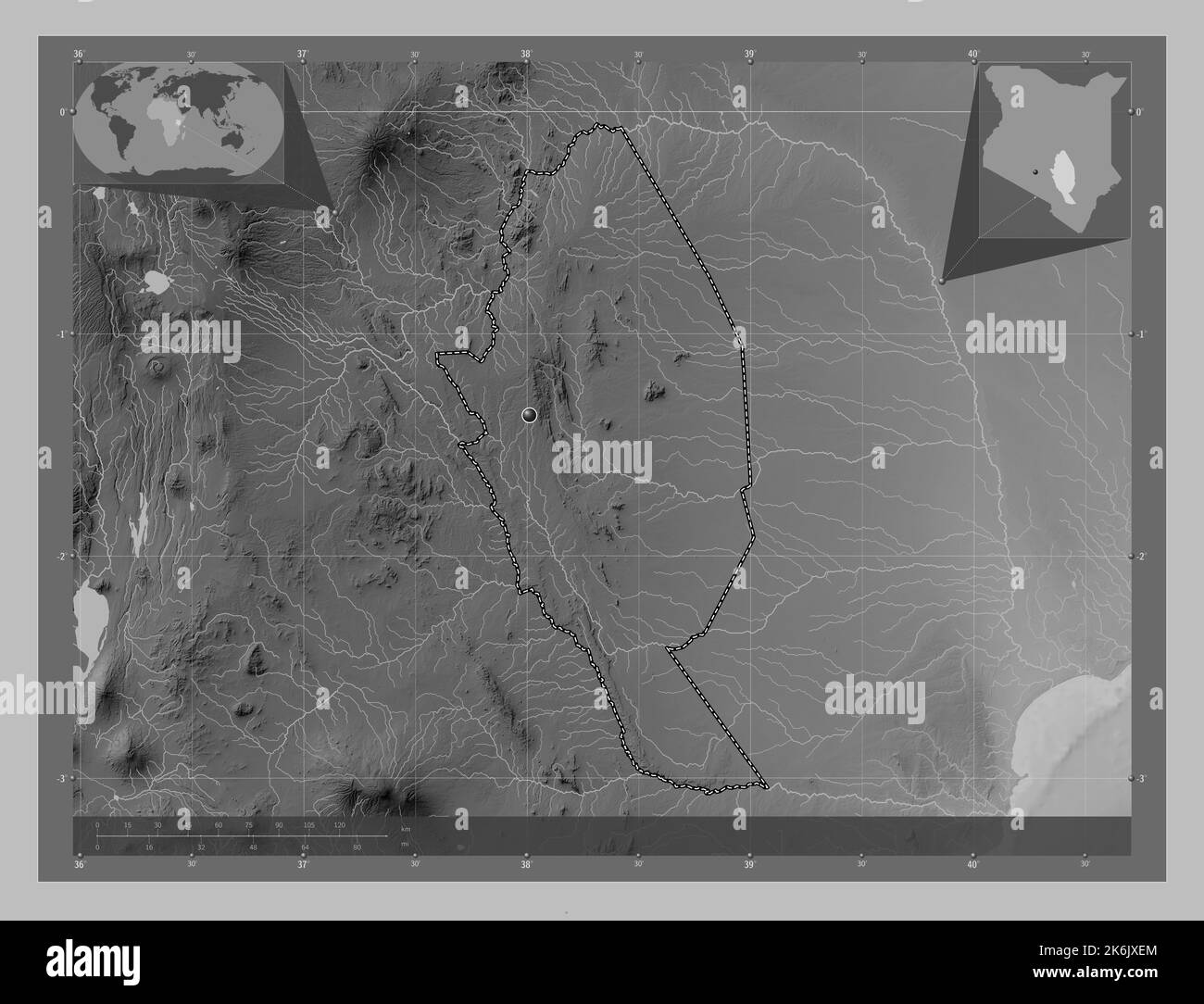 Kitui, county of Kenya. Grayscale elevation map with lakes and rivers ...