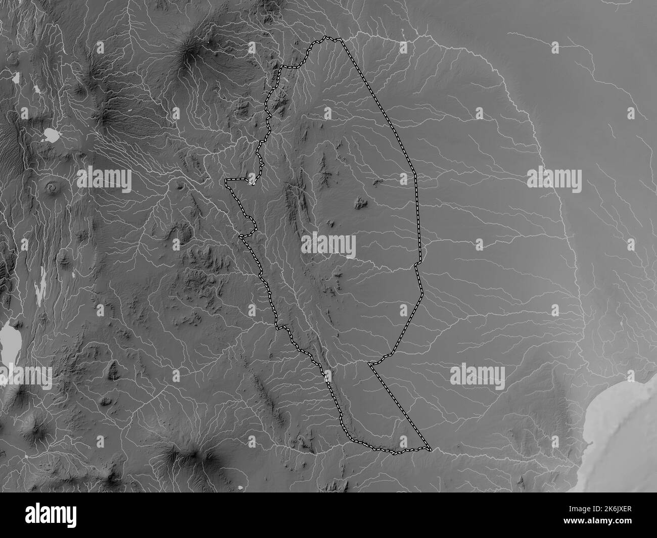 Kitui, county of Kenya. Grayscale elevation map with lakes and rivers ...