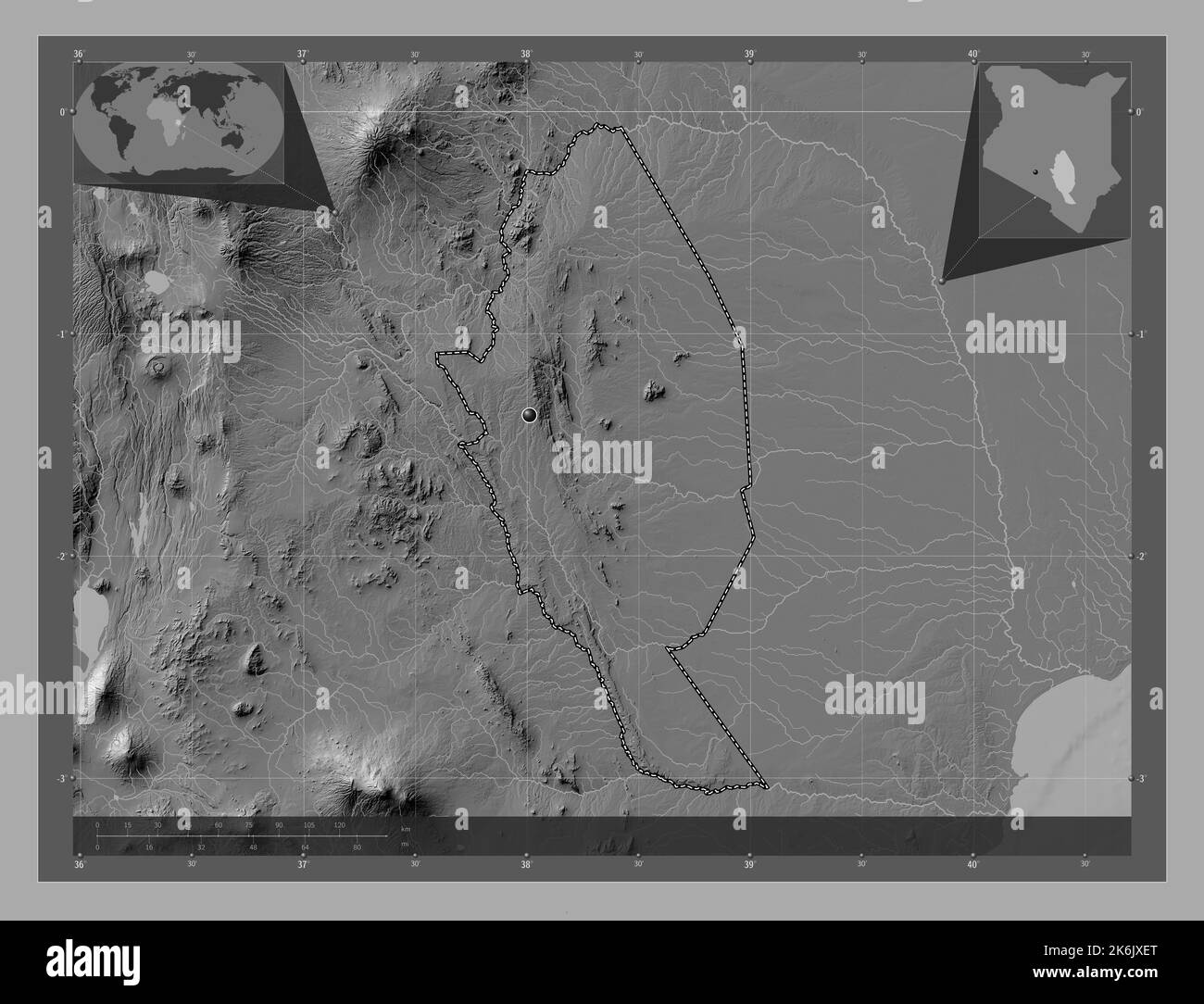 Kitui, county of Kenya. Bilevel elevation map with lakes and rivers ...
