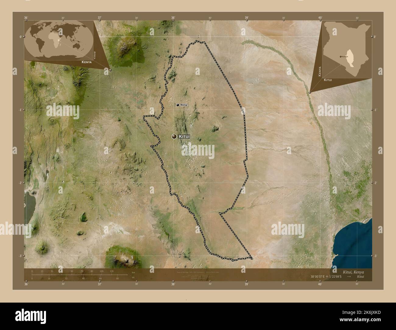 Kitui, county of Kenya. Low resolution satellite map. Locations and ...