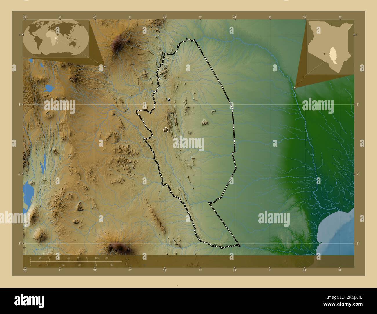 Kitui, county of Kenya. Colored elevation map with lakes and rivers ...