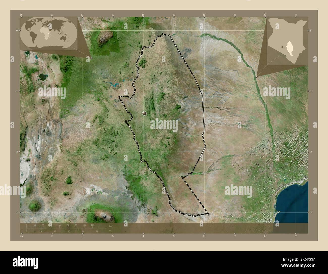 Kitui, county of Kenya. High resolution satellite map. Corner auxiliary ...