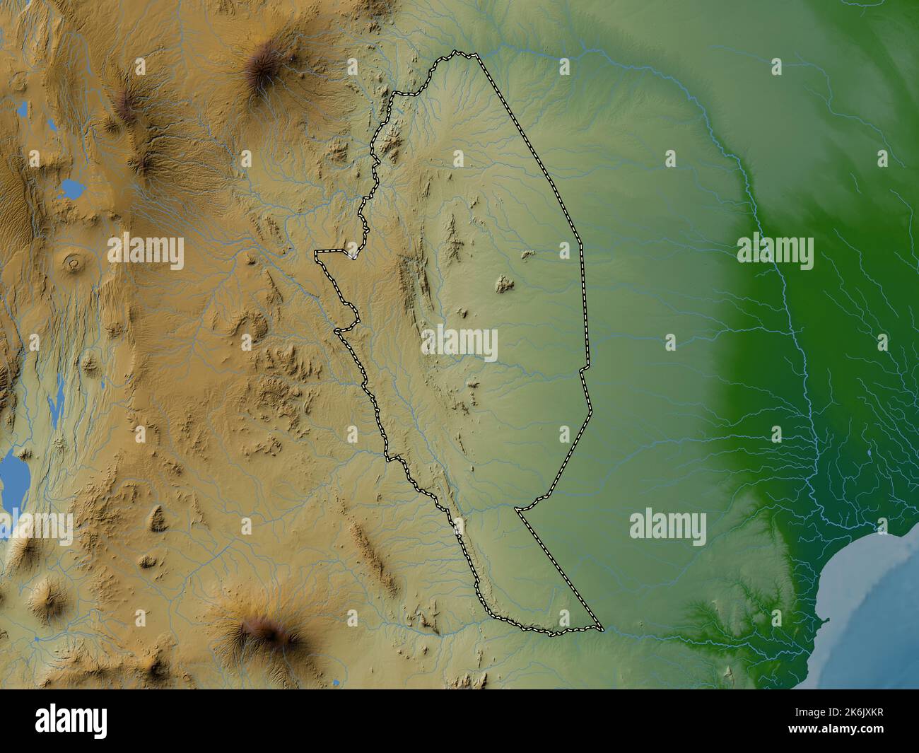 Kitui, county of Kenya. Colored elevation map with lakes and rivers ...