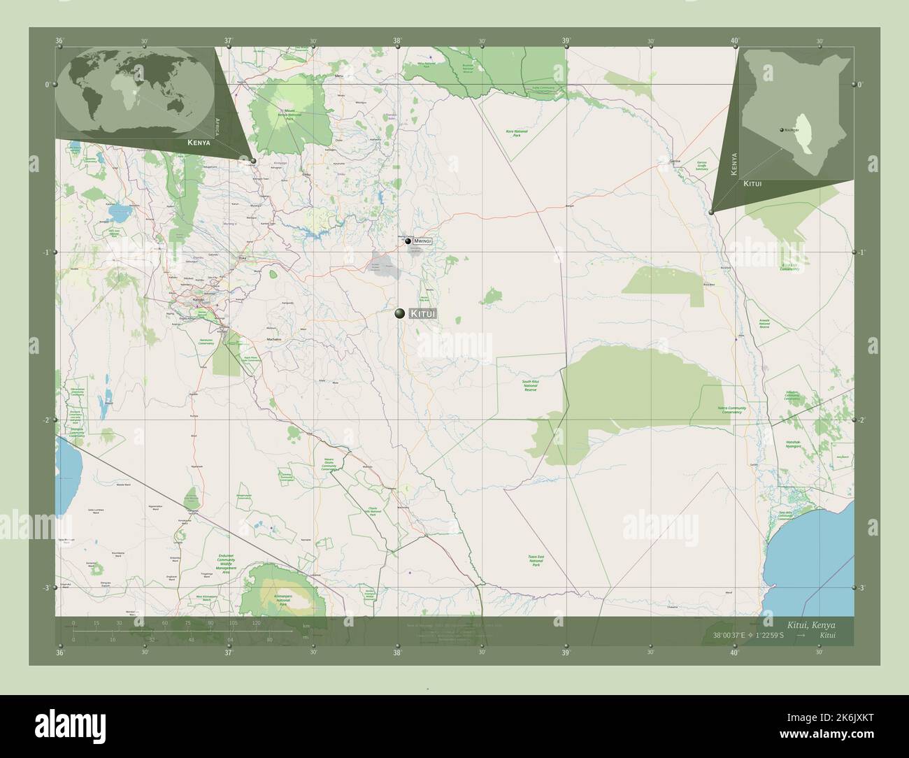 Kitui, county of Kenya. Open Street Map. Locations and names of major ...