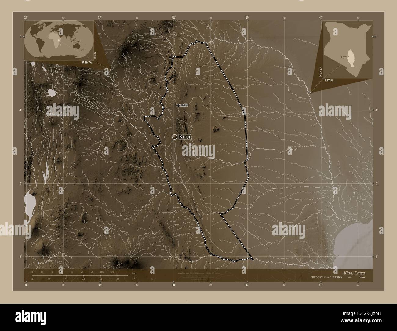 Kitui, county of Kenya. Elevation map colored in sepia tones with lakes ...