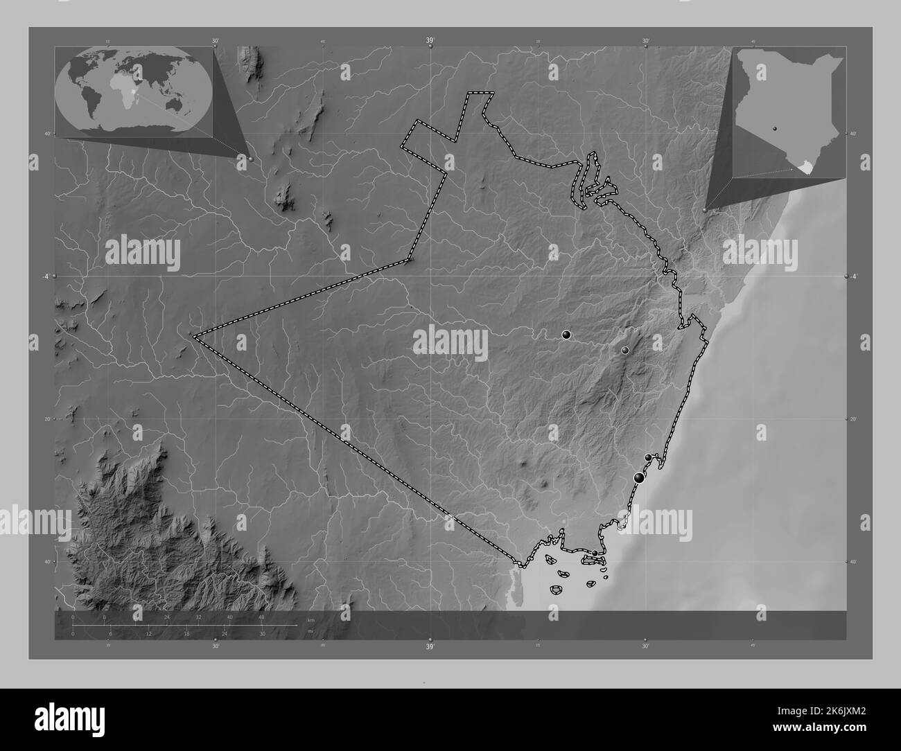 Kwale, county of Kenya. Grayscale elevation map with lakes and rivers ...