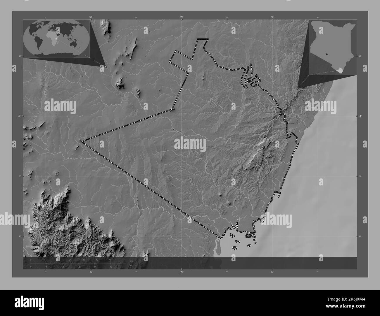 Kwale, county of Kenya. Bilevel elevation map with lakes and rivers ...