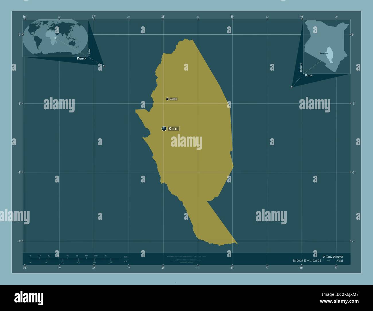 Kitui, county of Kenya. Solid color shape. Locations and names of major ...