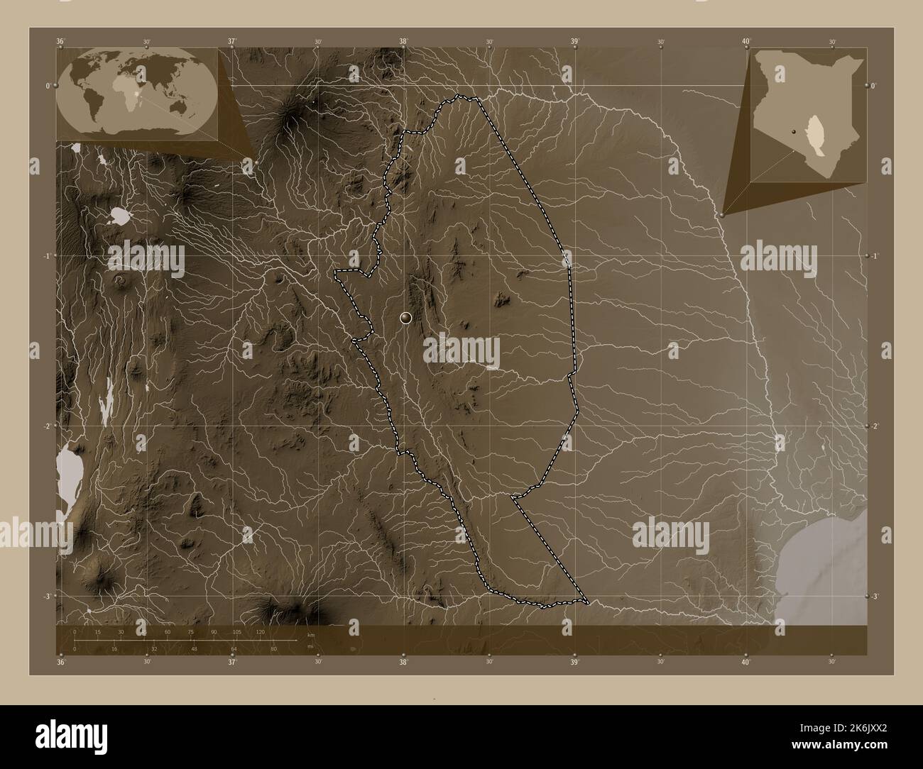 Kitui, county of Kenya. Elevation map colored in sepia tones with lakes ...