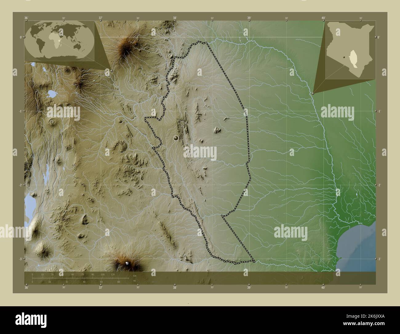 Kitui, county of Kenya. Elevation map colored in wiki style with lakes ...